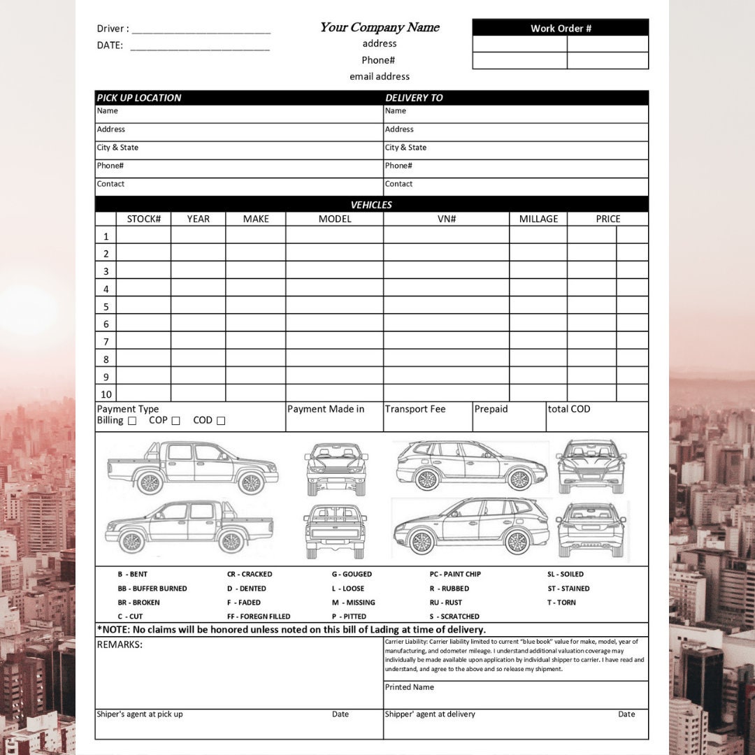 Vehicle Bill of Lading Template 10 Rows / Editable /printable / BOL ...