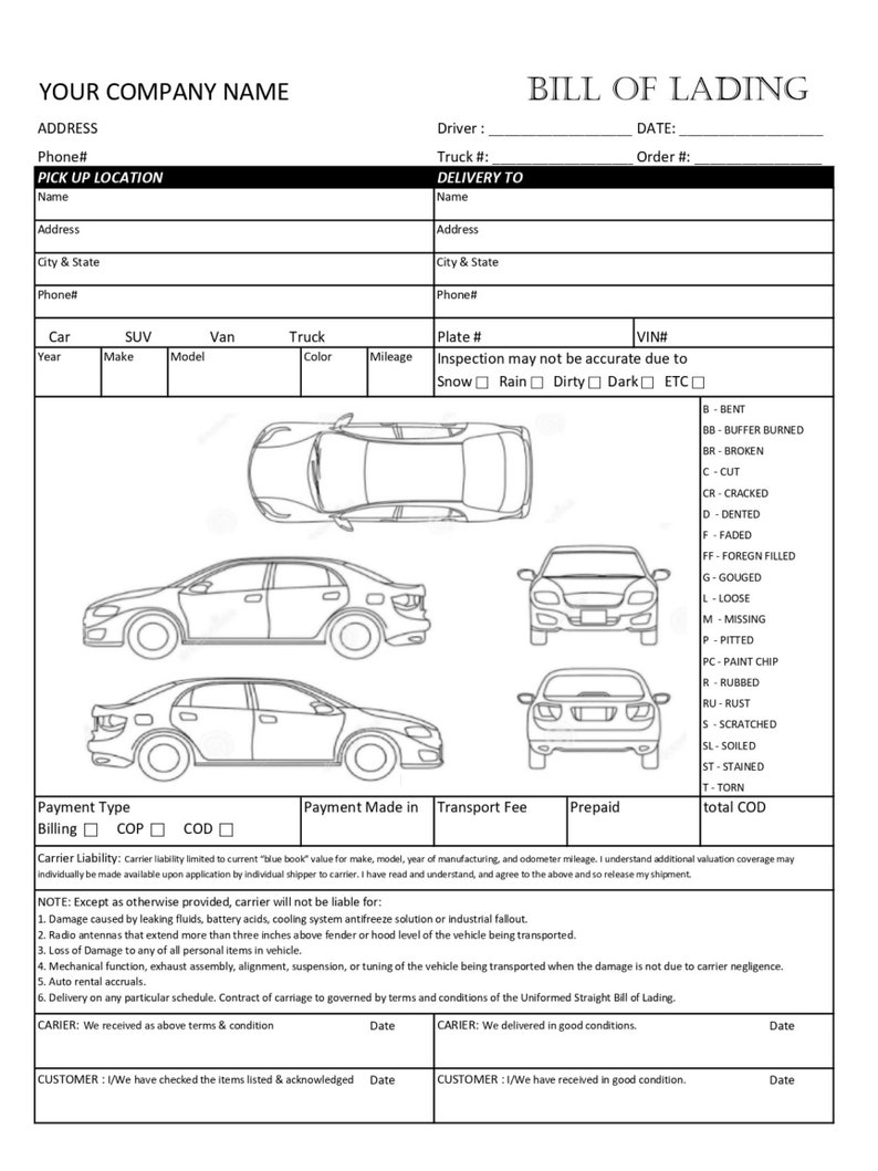 Custom Bill of Lading for Vehicle Transport / Download Proof of ...