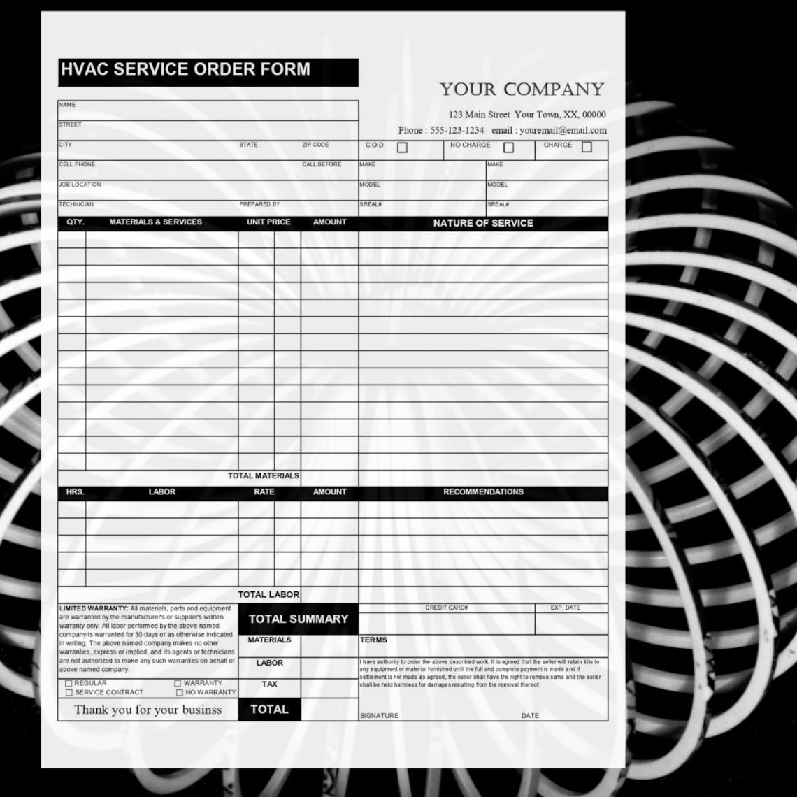HVAC Service Order Form Template / Business Form Template / Digital ...