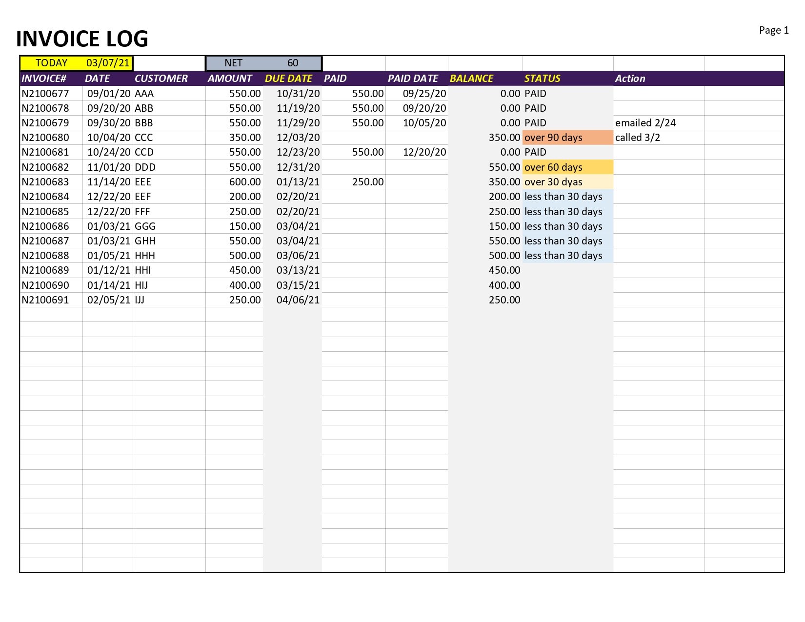 Invoice Log in Excel/ Invoice Tracker / Auto Calculate / Printable ...