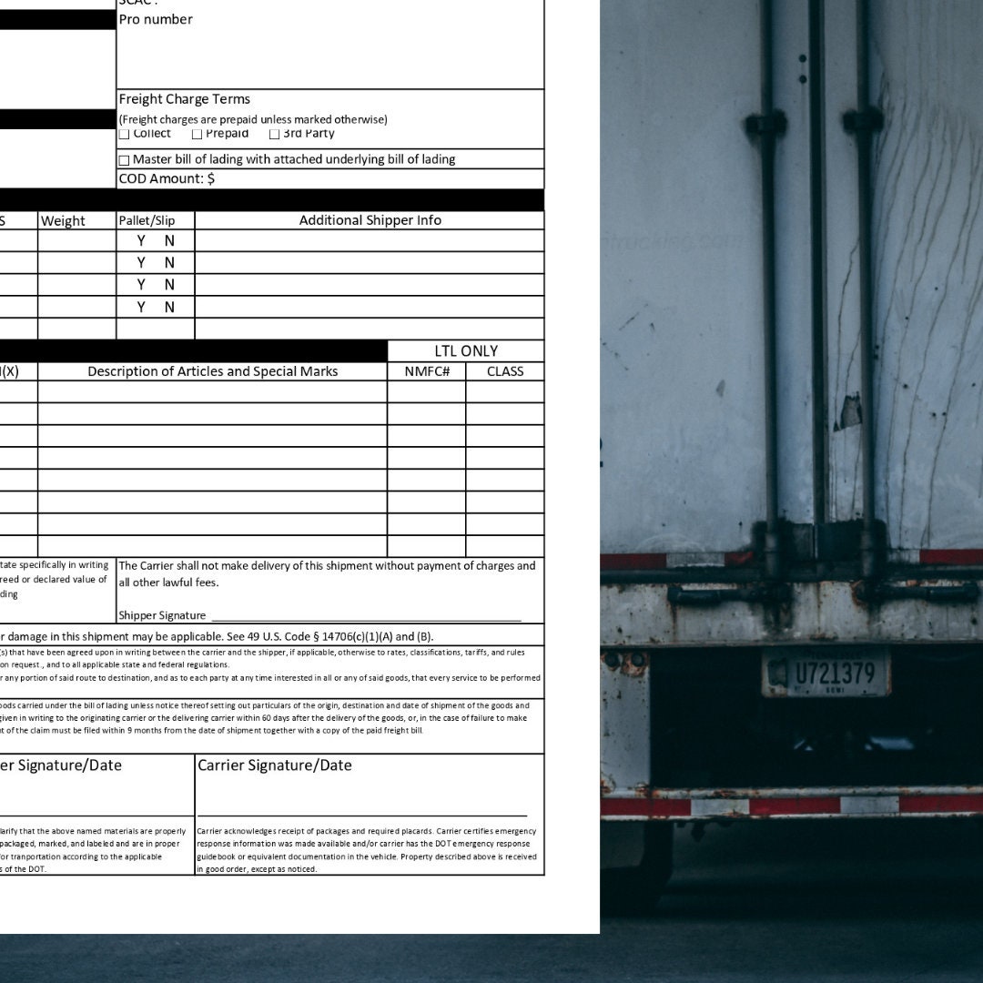 Bill of Lading Template / Printable / Business Form Template / BOL ...