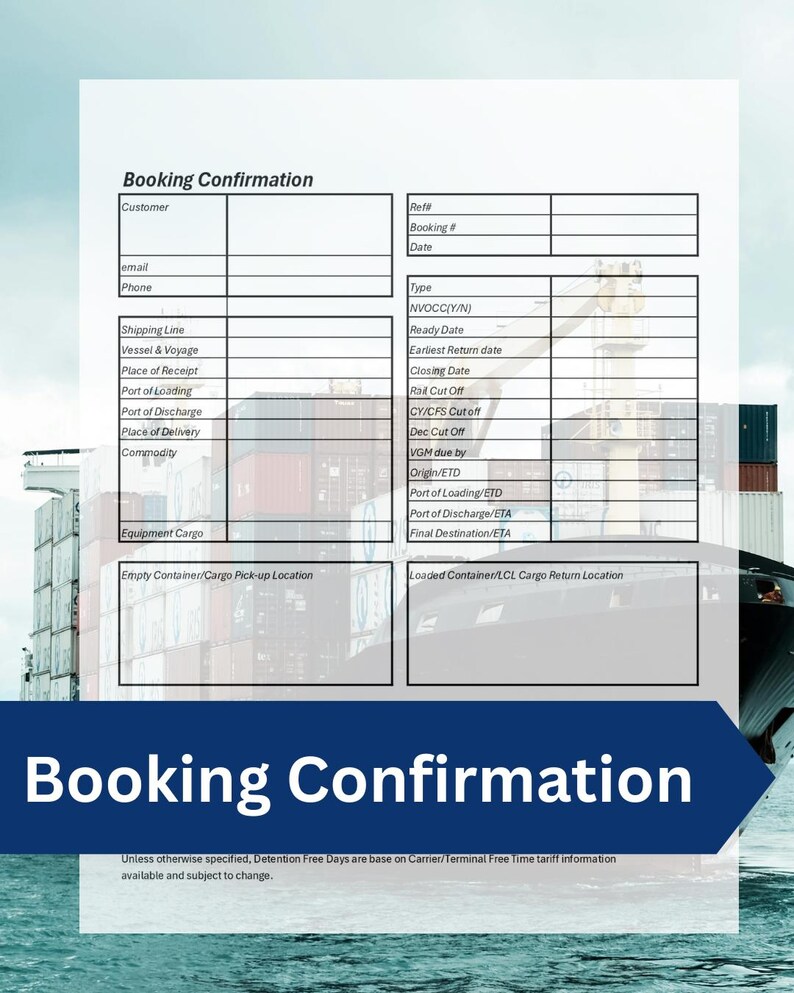 Booking Confirmation Template / Vessel Booking Printable / Receipt ...