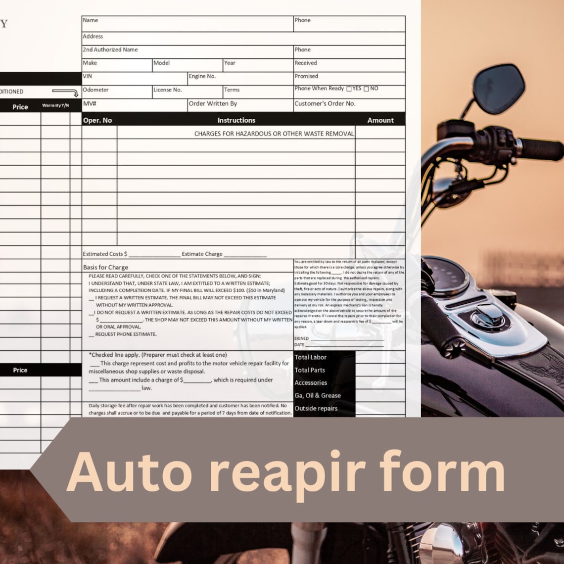 Auto Repair Form Template / Auto Repair Service Form / Printable ...