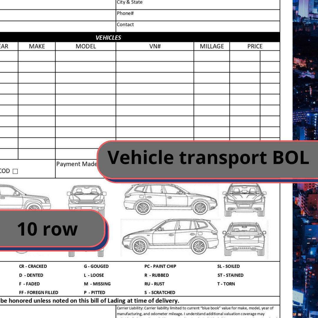 Vehicle Bill of Lading Template 10 Rows / Editable /printable / BOL ...