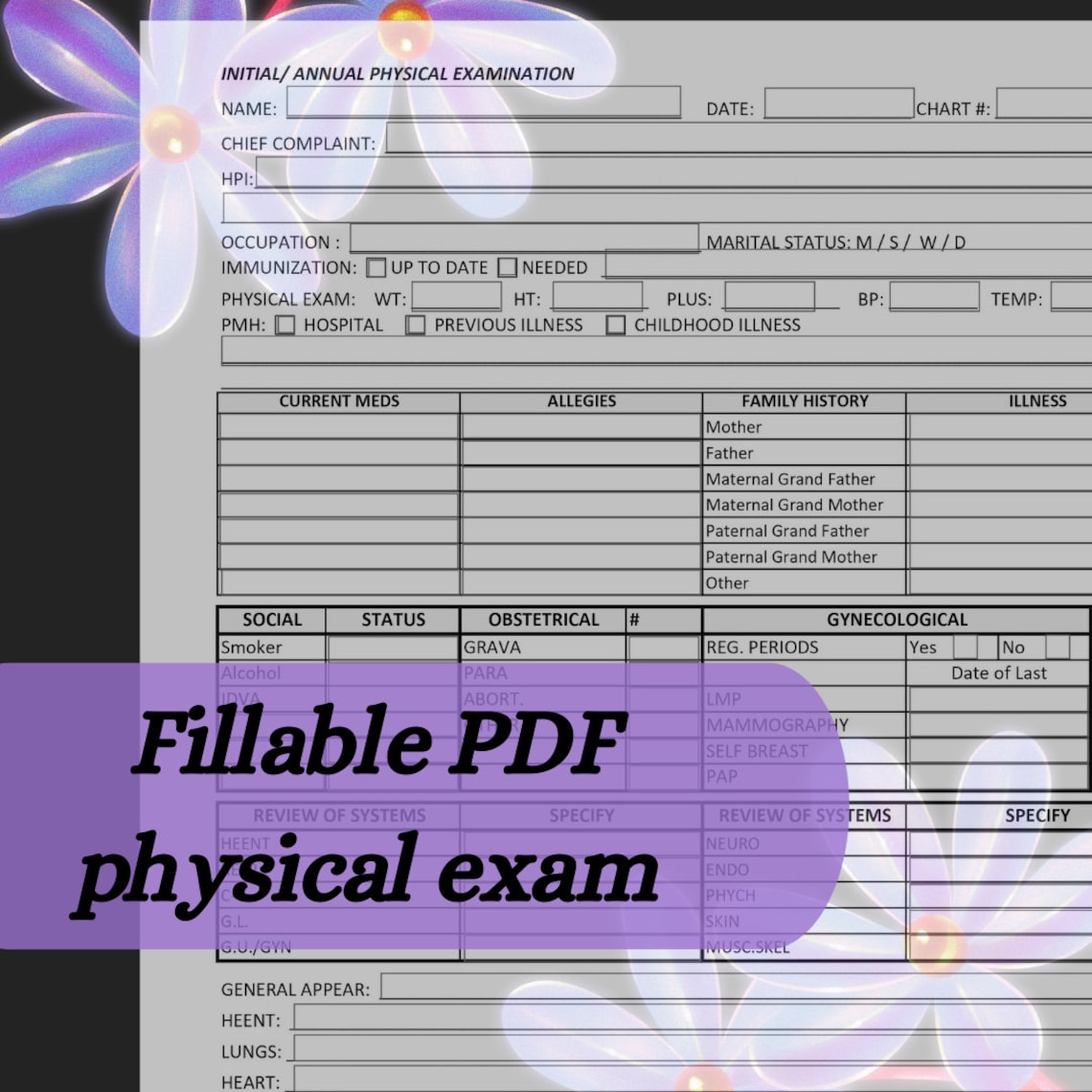 Physical Exam Form Fillable PDF / Annual Physical Examination / Printable Instant Download ...