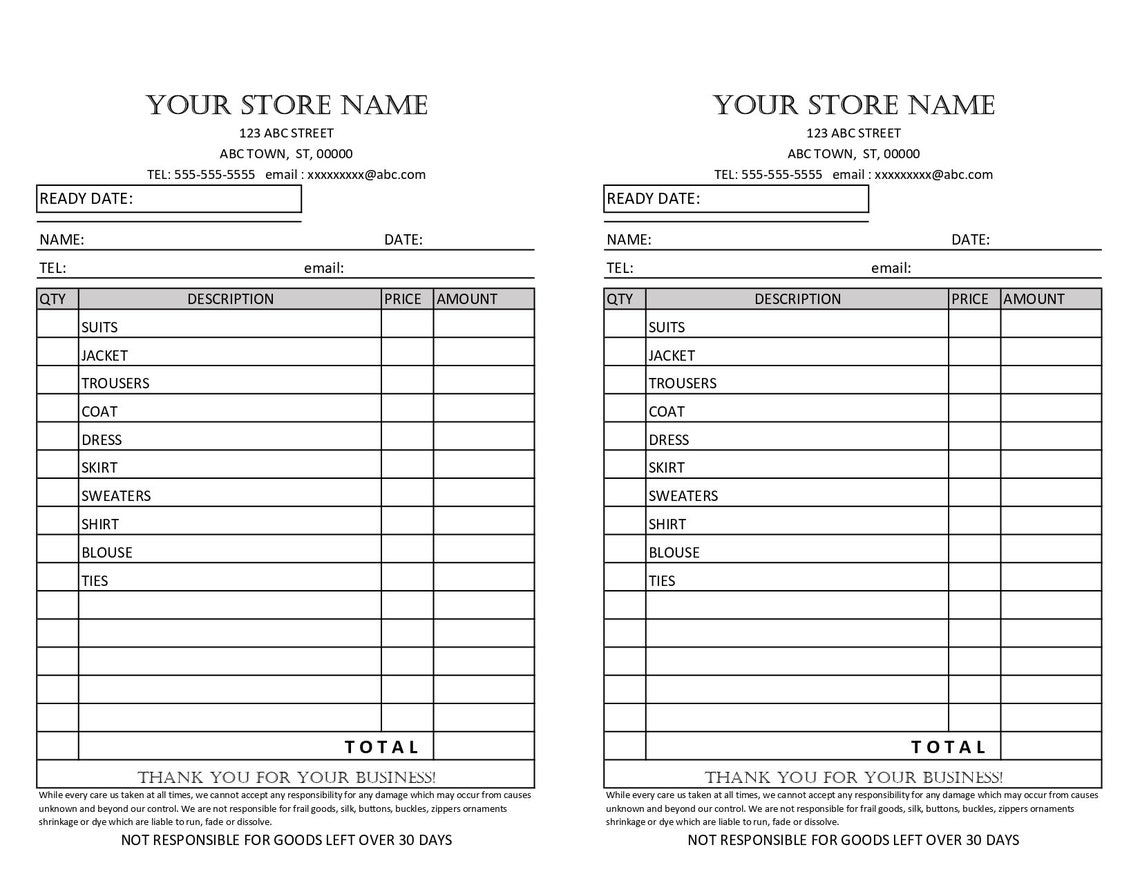Dry Cleaner Receipt Template / Editable / Dry Cleaning Invoice ...