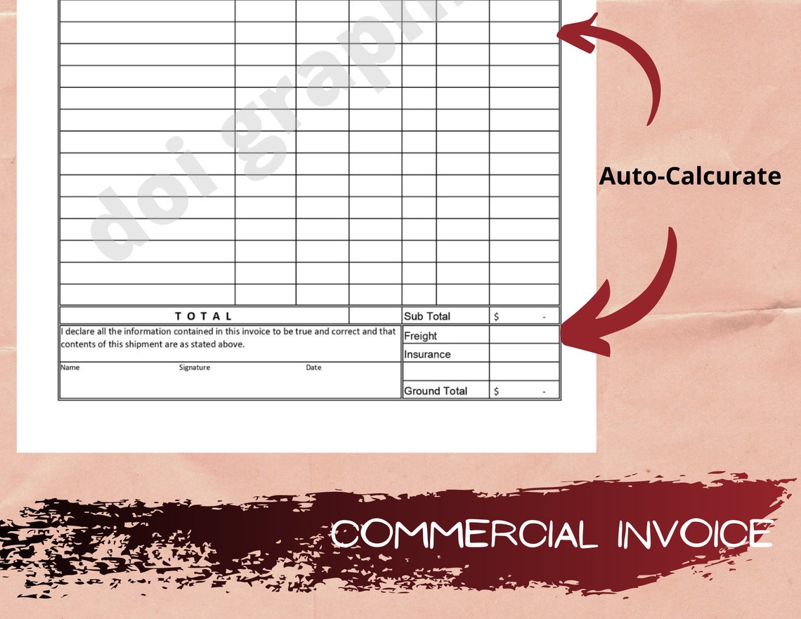 Printable Commercial Invoice Template in Excel / Business Form Template ...