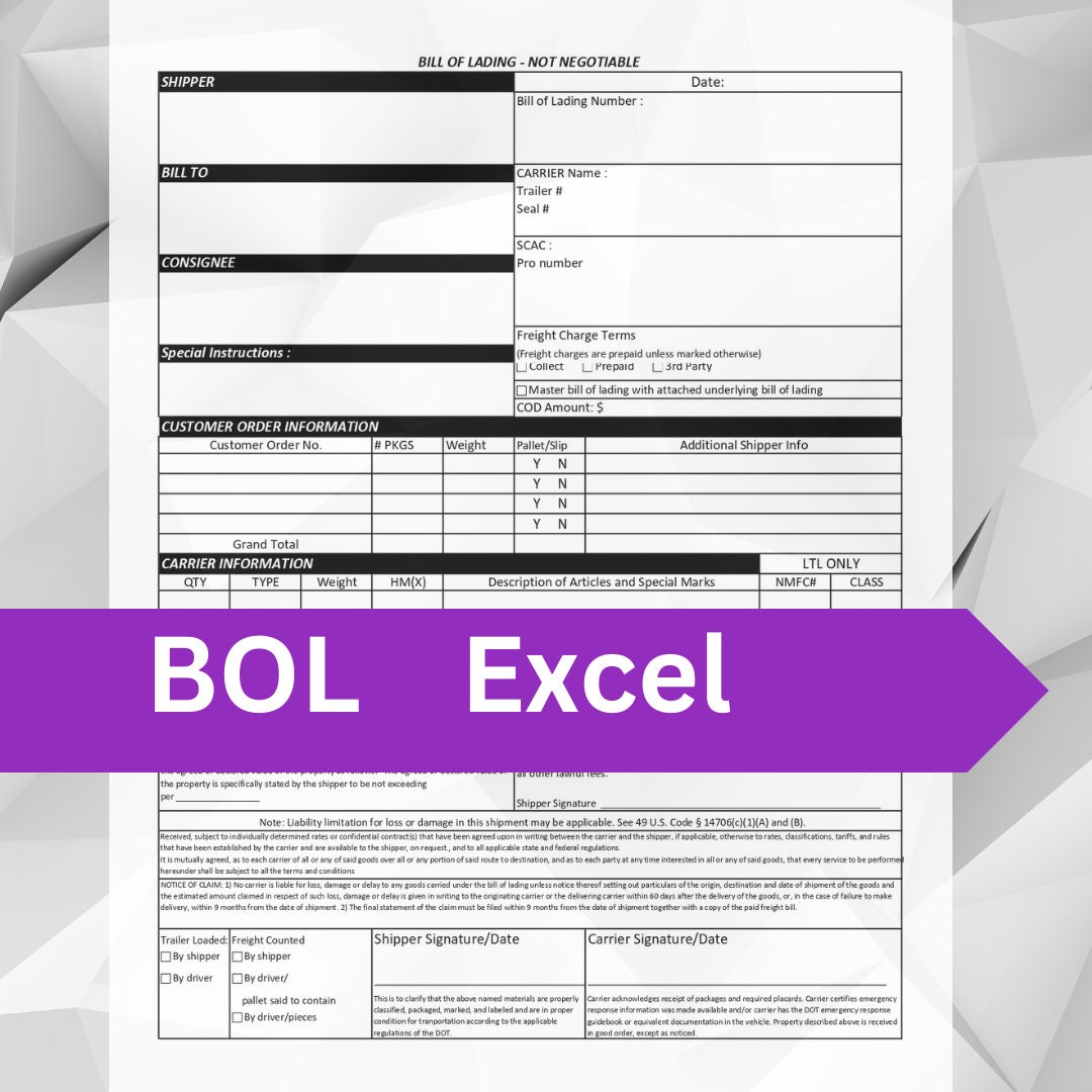 Bill of Lading Template / Printable / Business Form Template / BOL ...