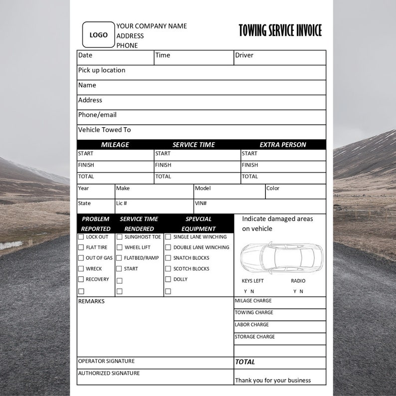 Editable Towing Service Invoice / Towing Service Form / Operation Form ...