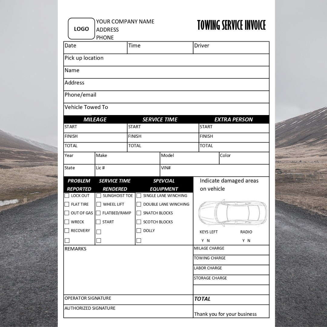 Editable Towing Service Invoice / Towing Service Form / Operation Form ...
