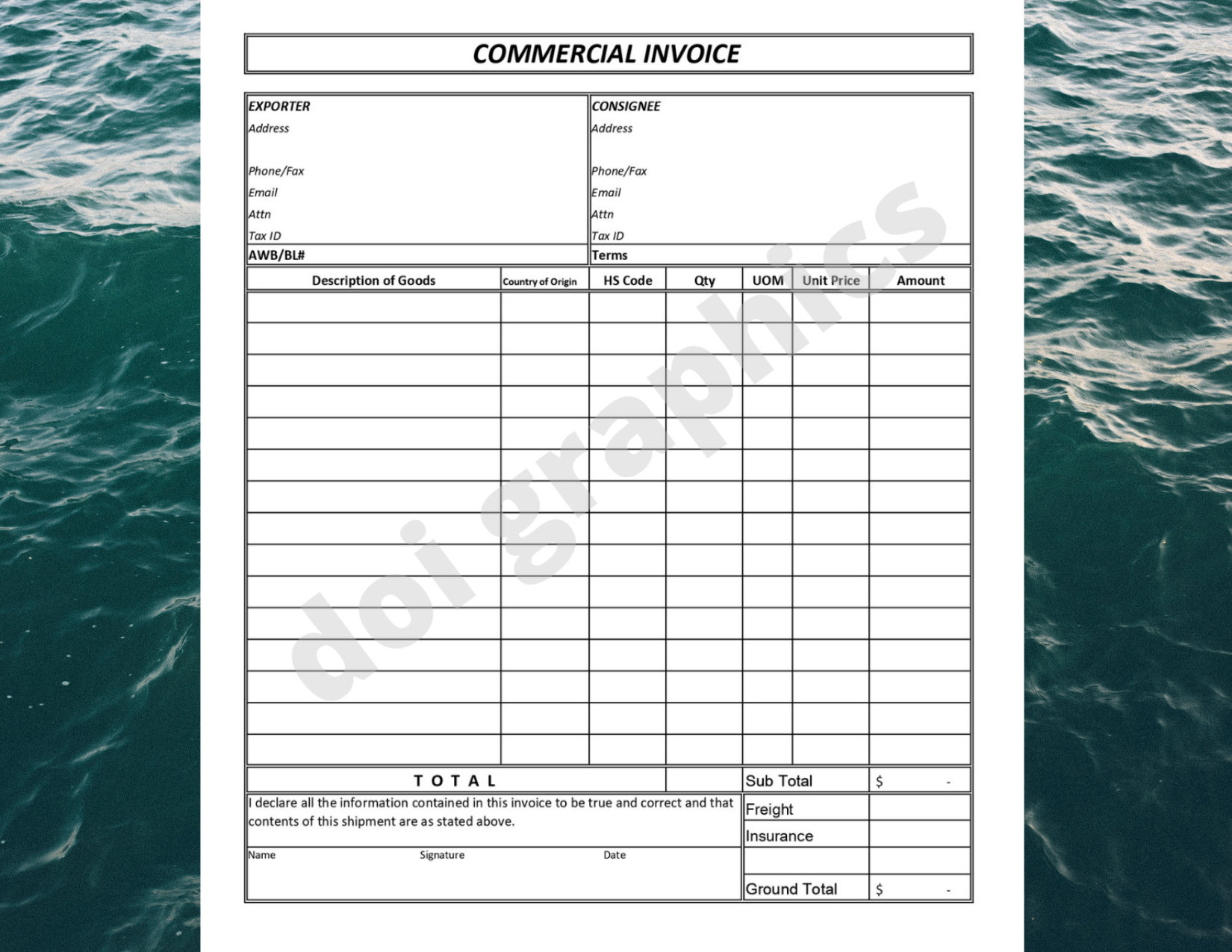 Printable Commercial Invoice Template in Excel / Business Form Template ...
