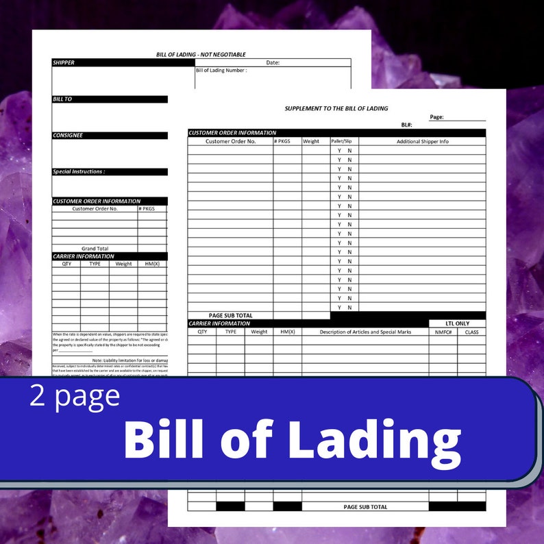 2 Page Bill of Lading Template / Printable / BL With Supplement Page ...