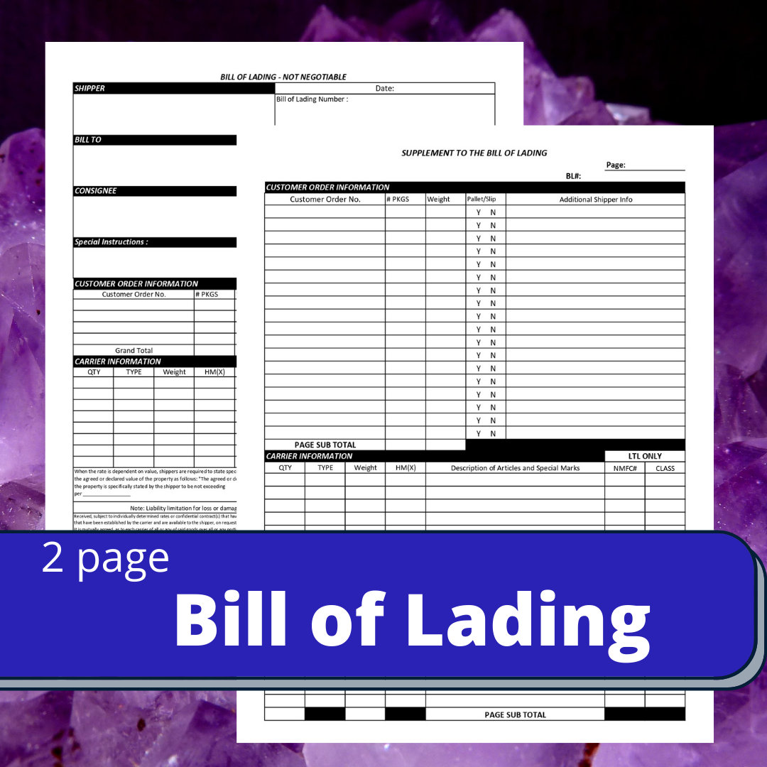 2 Page Bill of Lading Template / Printable / BL With Supplement Page ...