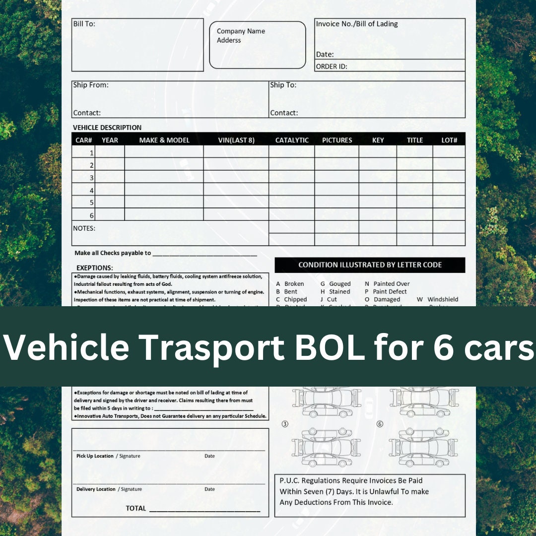 Vehicle Bill of Lading Template for 6 Cars / Business Form Template ...