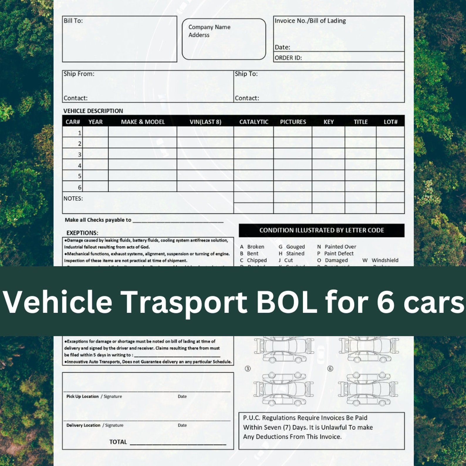 Vehicle Bill of Lading Template for 6 Cars / Business Form Template ...