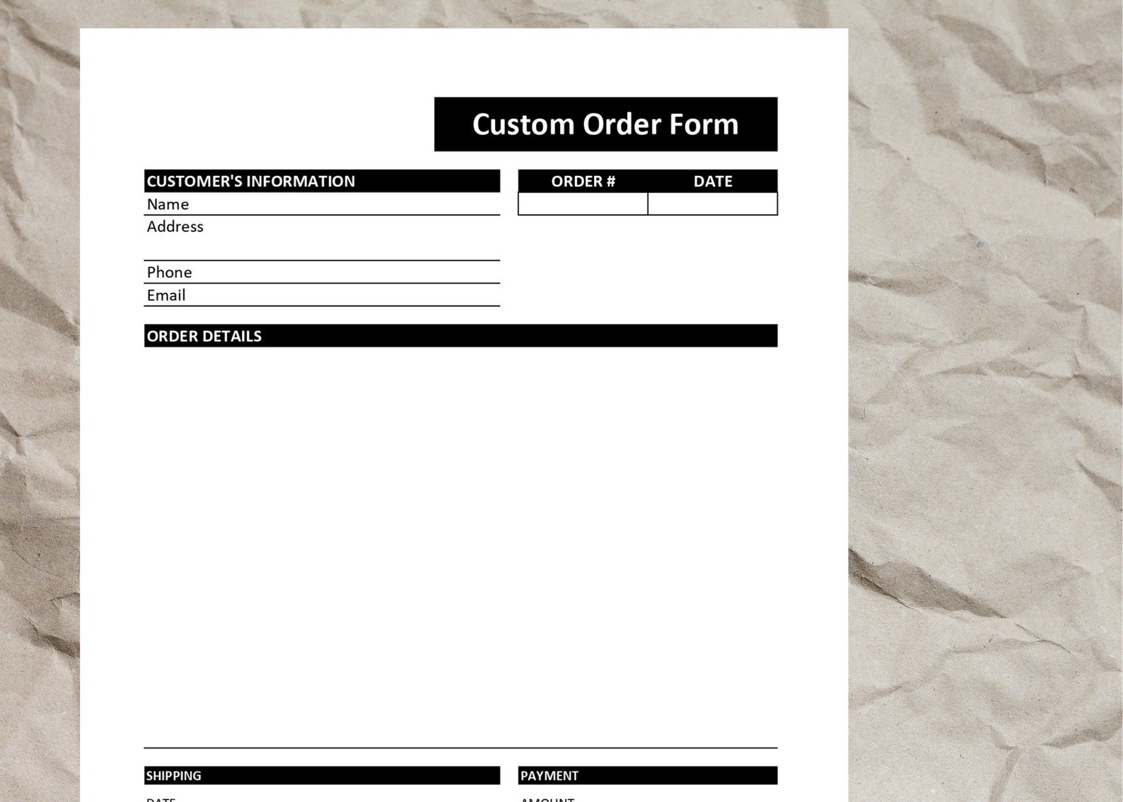 Printable Custom Order Form Template in Excel / Business Form Template ...