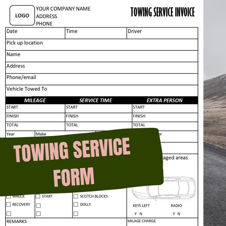Editable Towing Service Invoice / Towing Service Form / Operation Form ...