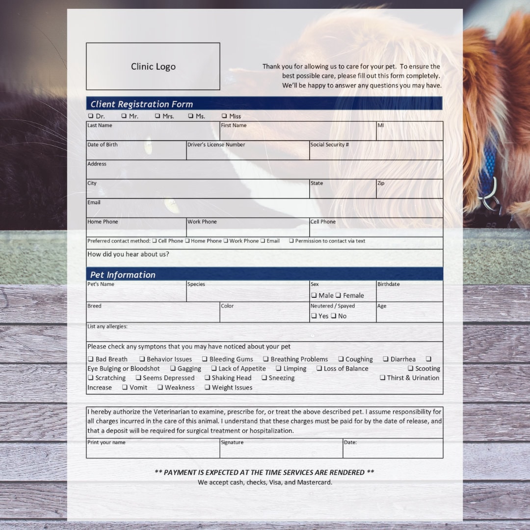 Veterinary Registration Form Template / New Client Form / Animal Clinic ...