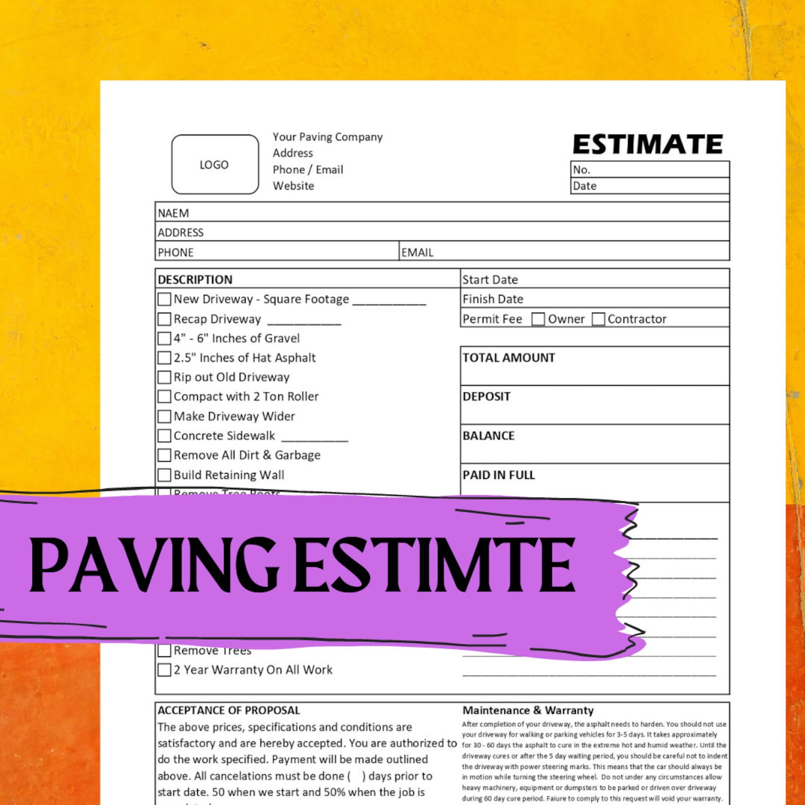 PAVING Service Estimate & Invoice / Business Form Template / Digital Download / Editable ...