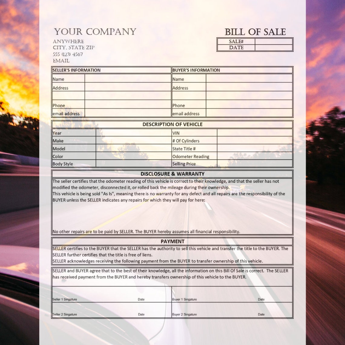 Vehicle Bill of Sale Template / Printable / Business Form Template ...