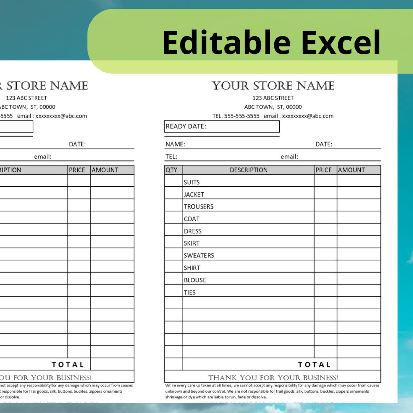 Dry Cleaner Receipt Template / Editable / Dry Cleaning Invoice ...