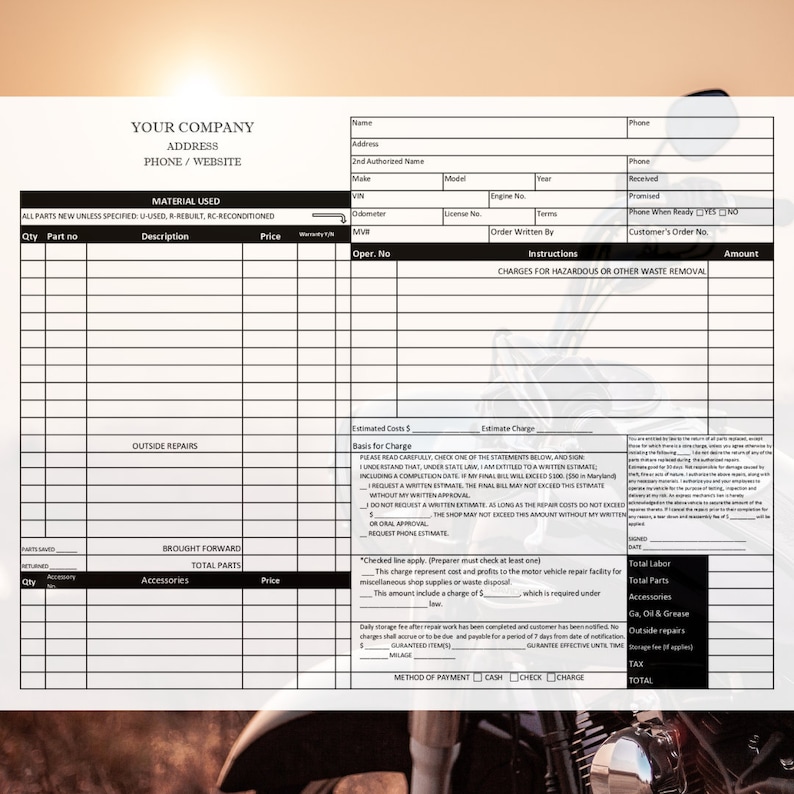 Auto Repair Form Template / Auto Repair Service Form / Printable ...