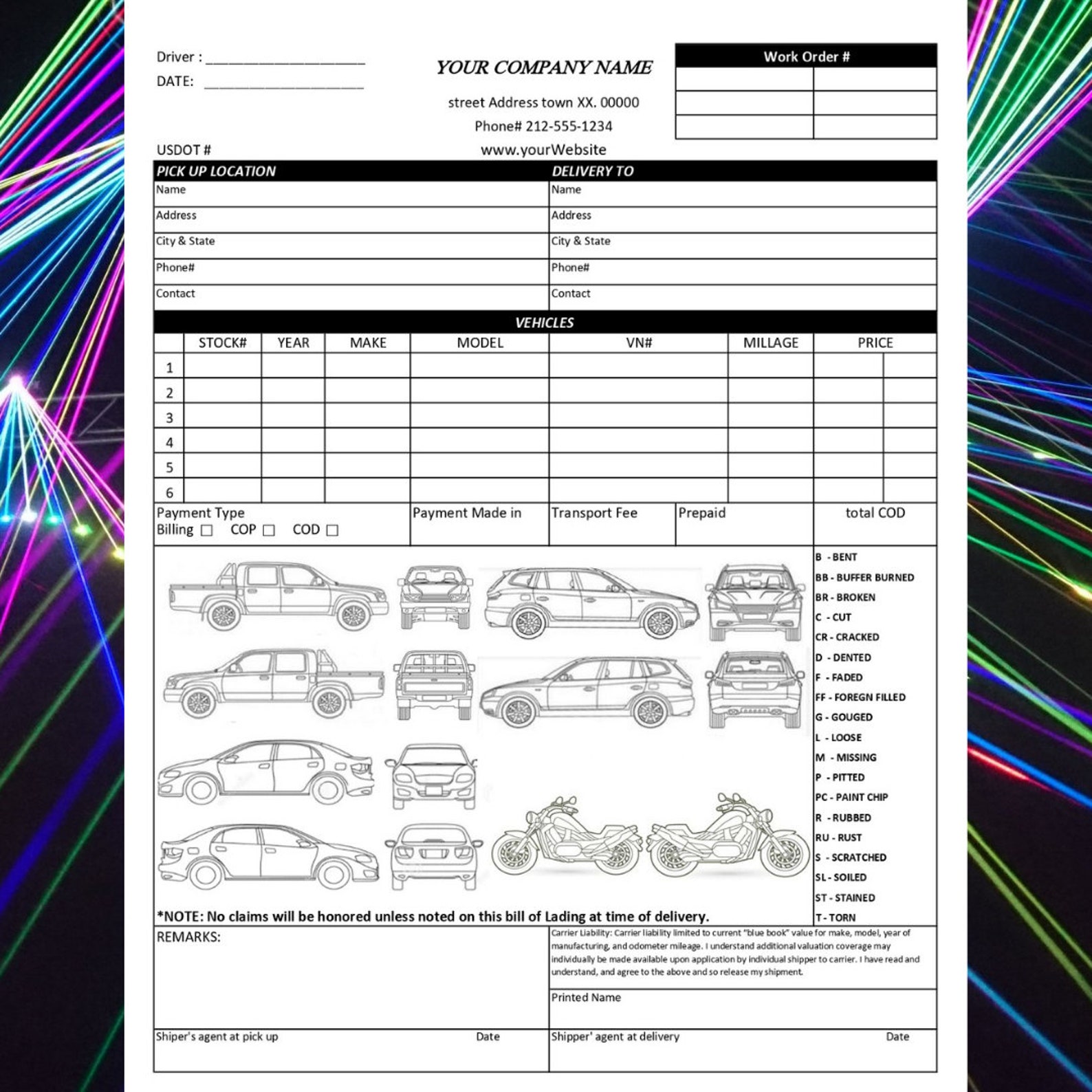 Vehicle Bill of Lading Template / Printable / Business Form Template ...