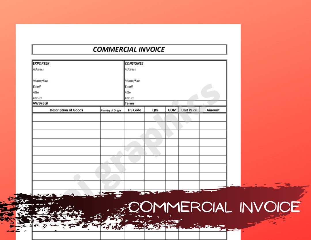 Printable Commercial Invoice Template in Excel / Business Form Template ...