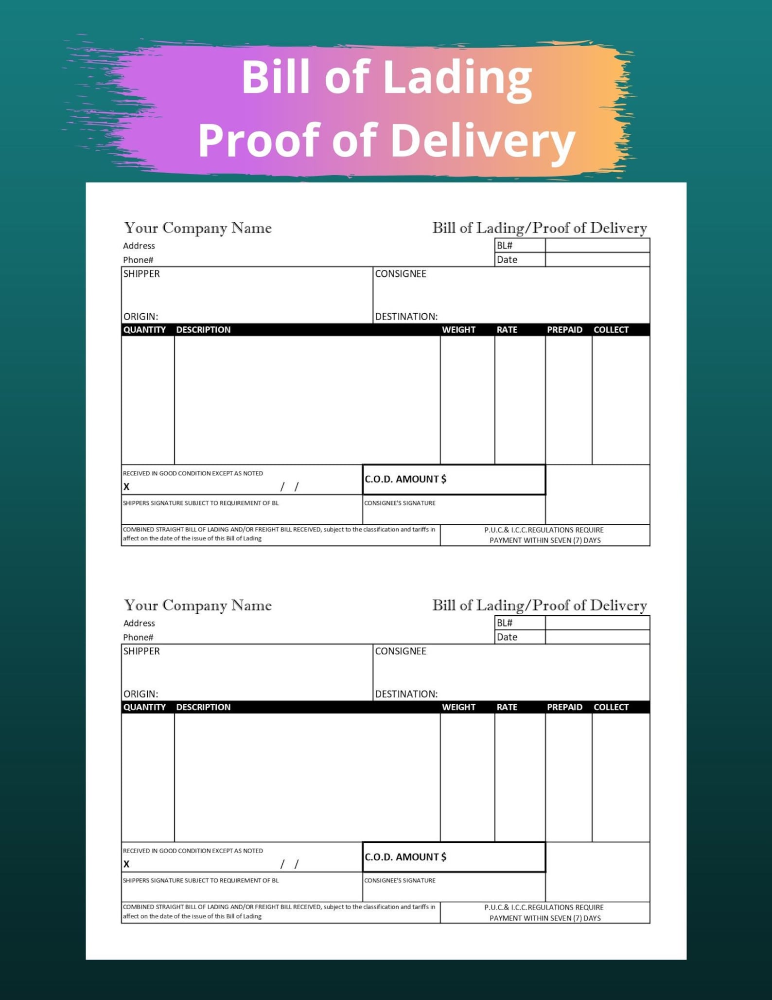 Bill of Lading Template / Printable Proof of Delivery / Business Form ...