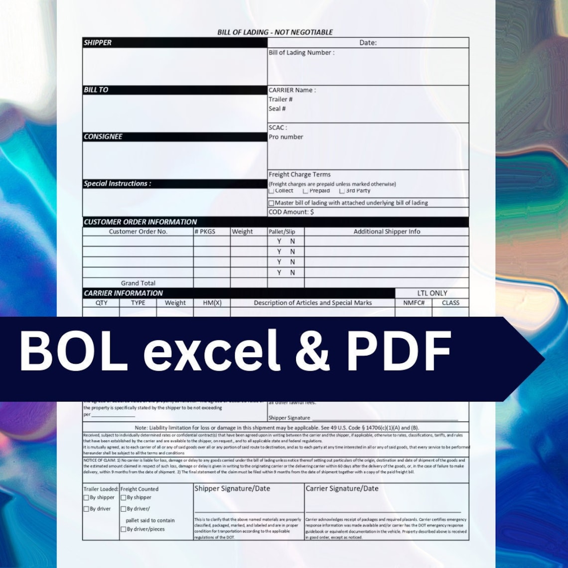 Bill of Lading Template / PDF & Excel / Business Form Template / BOL ...