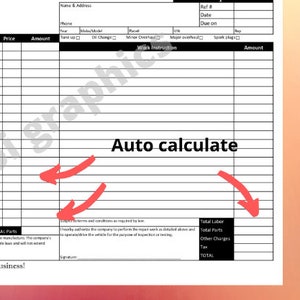 Auto Repair Order Form Template / Auto Repair Service Form / Printable ...