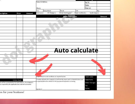 Auto Repair Order Form Template / Auto Repair Service Form / Printable ...