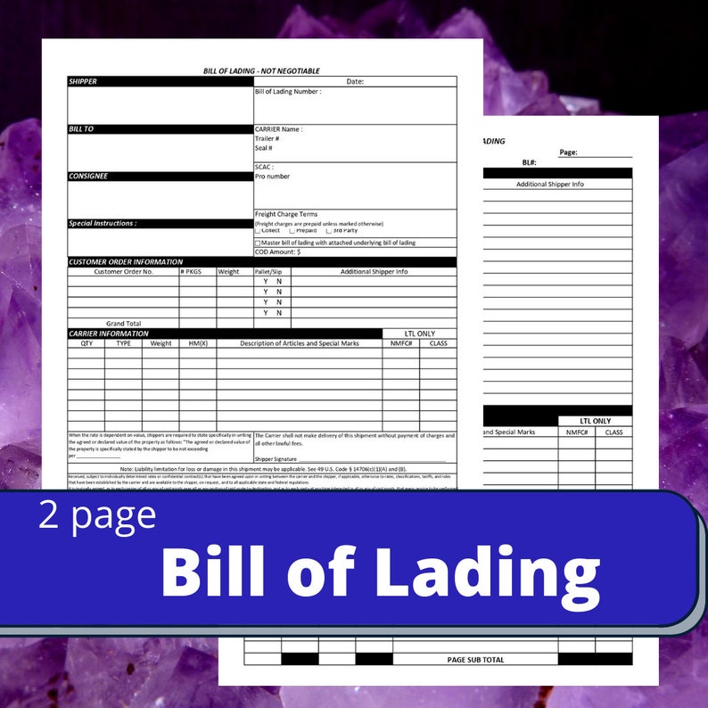 2 Page Bill of Lading Template / Printable / BL With Supplement Page ...