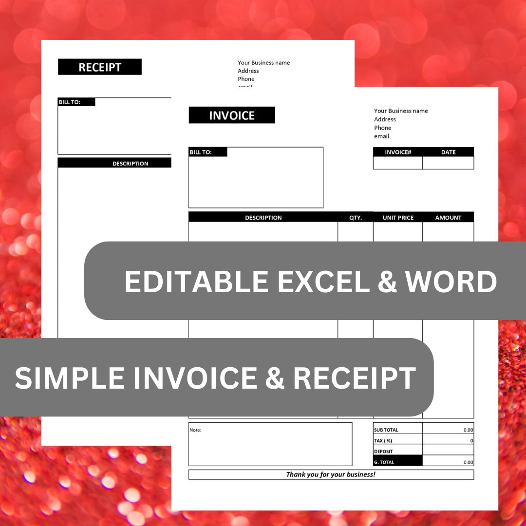 Set of Simple Invoice & Receipt Template / Fully Editable / EXCEL and ...
