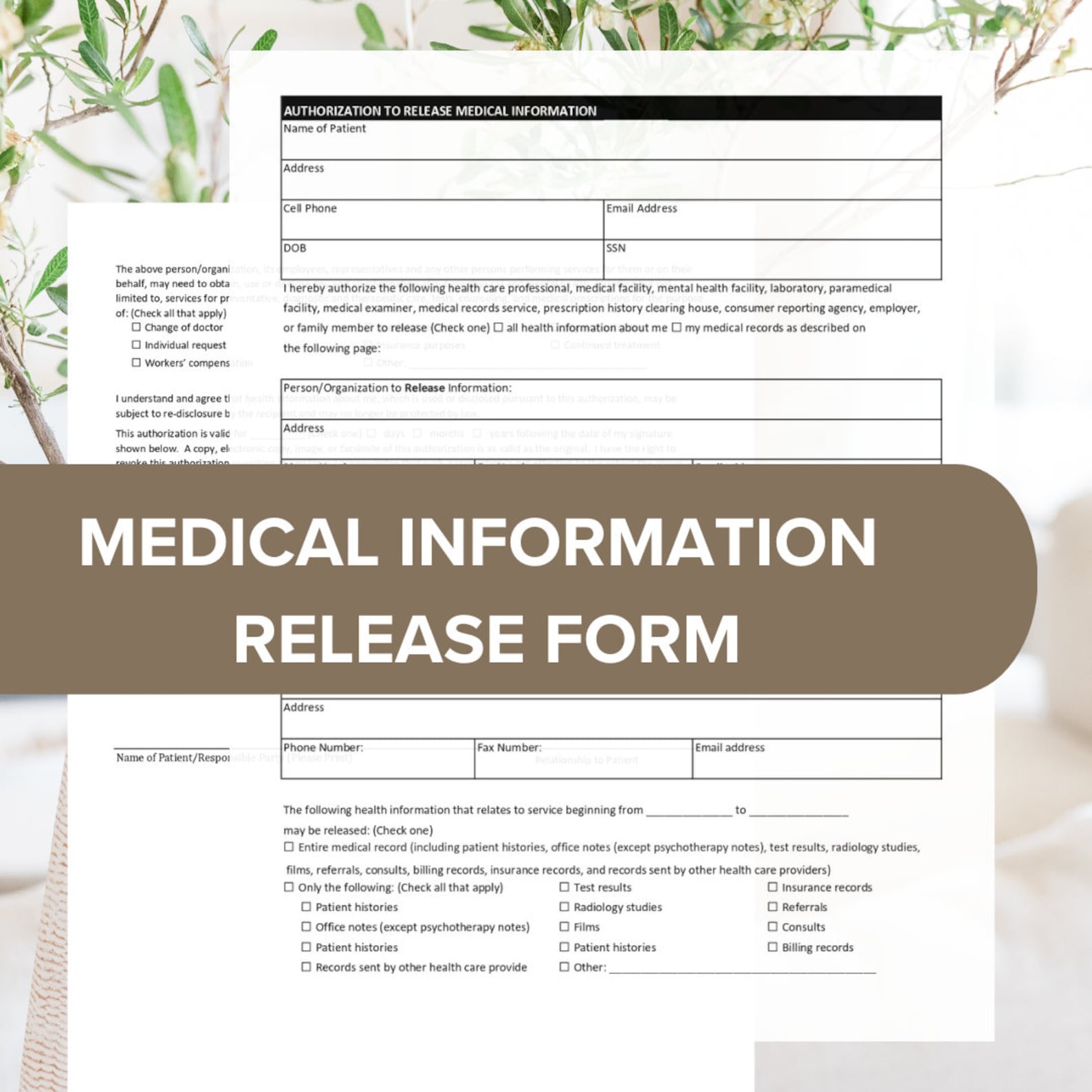 Authorization to Release Medical Information / Printable Editable ...