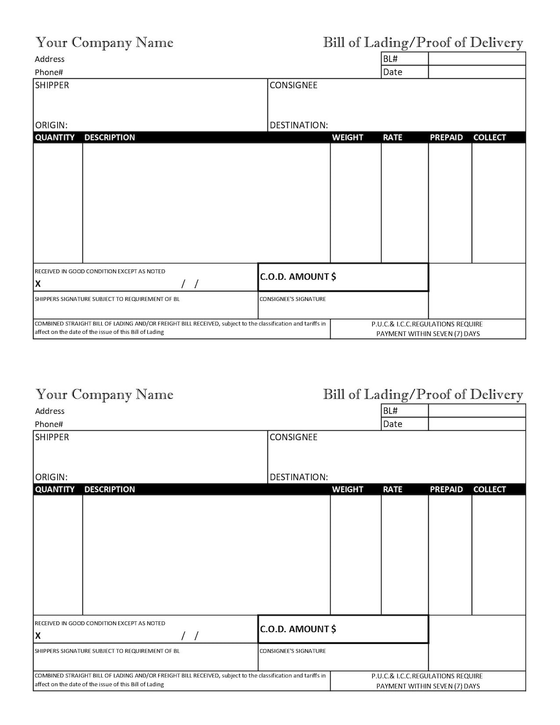 Bill of Lading Template / Printable Proof of Delivery / Business Form ...