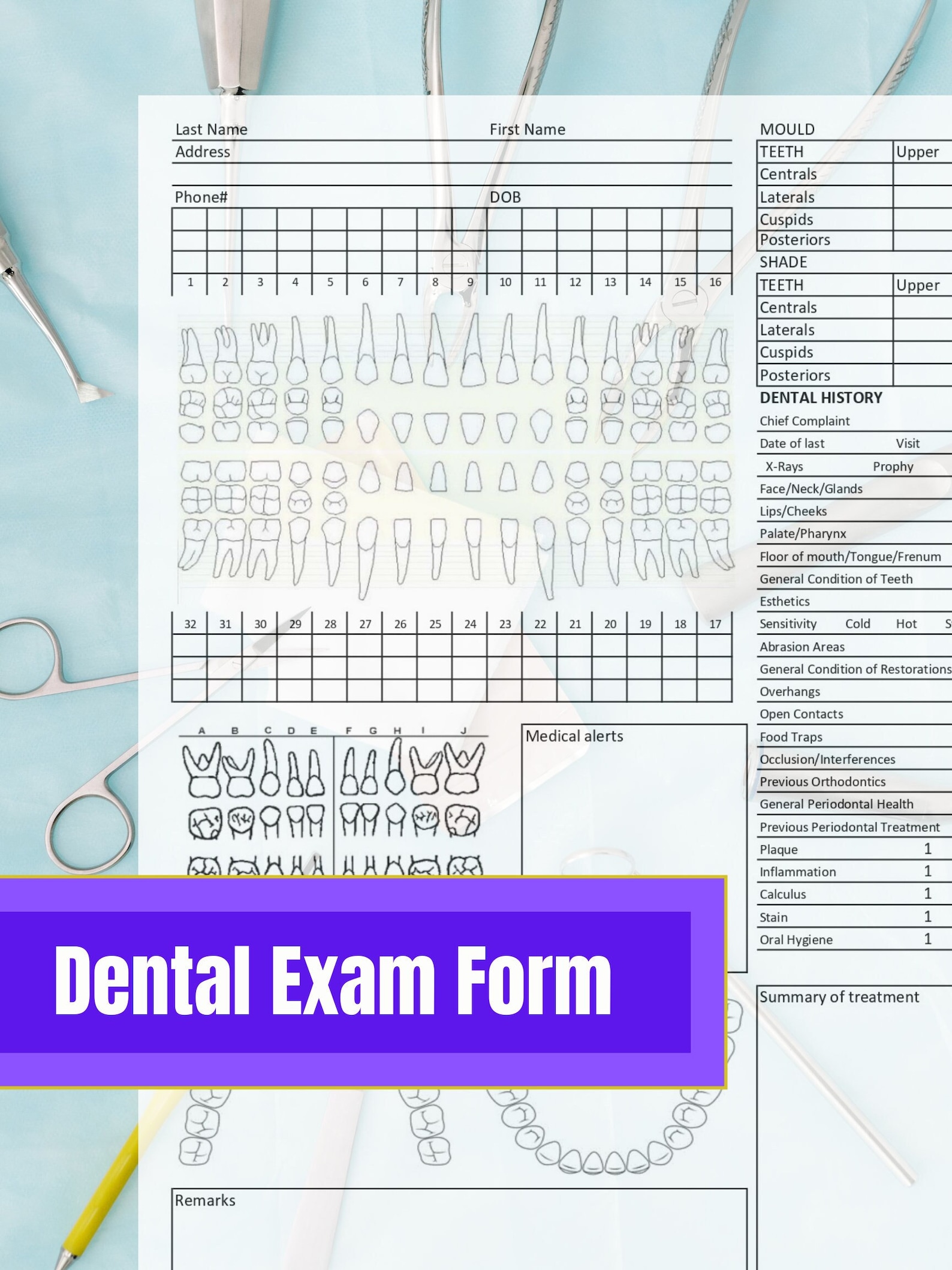 Dental Exam Form Template / Dental Record / Editable / Instant Digital ...