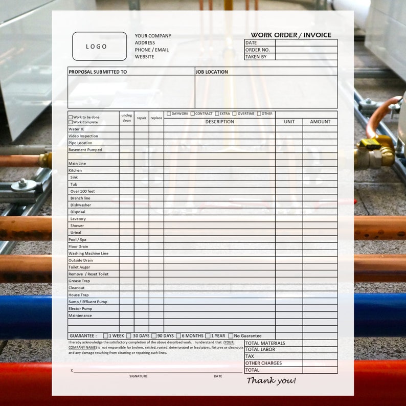 PLUMBING Service Work Order & Invoice / Business Form Template ...