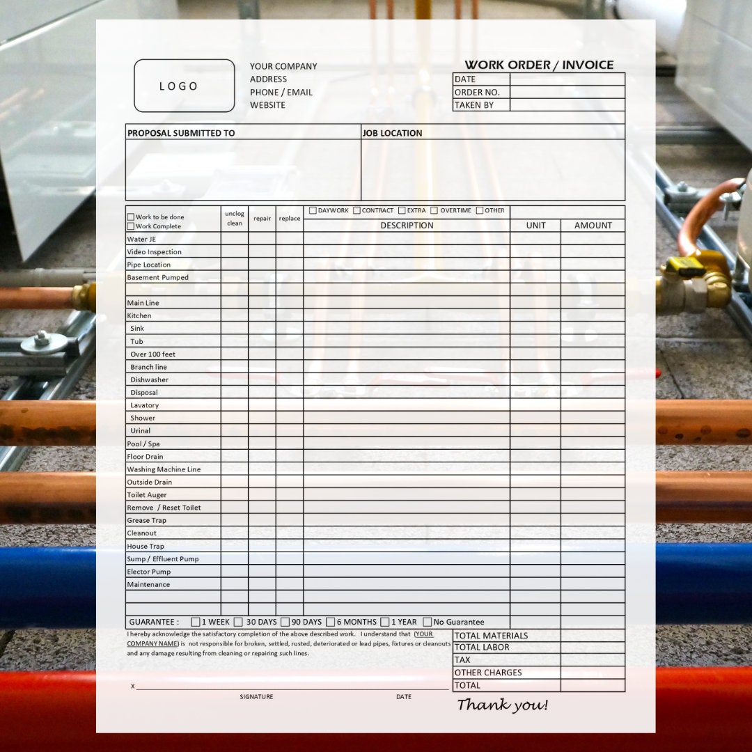 PLUMBING Service Work Order & Invoice / Business Form Template ...