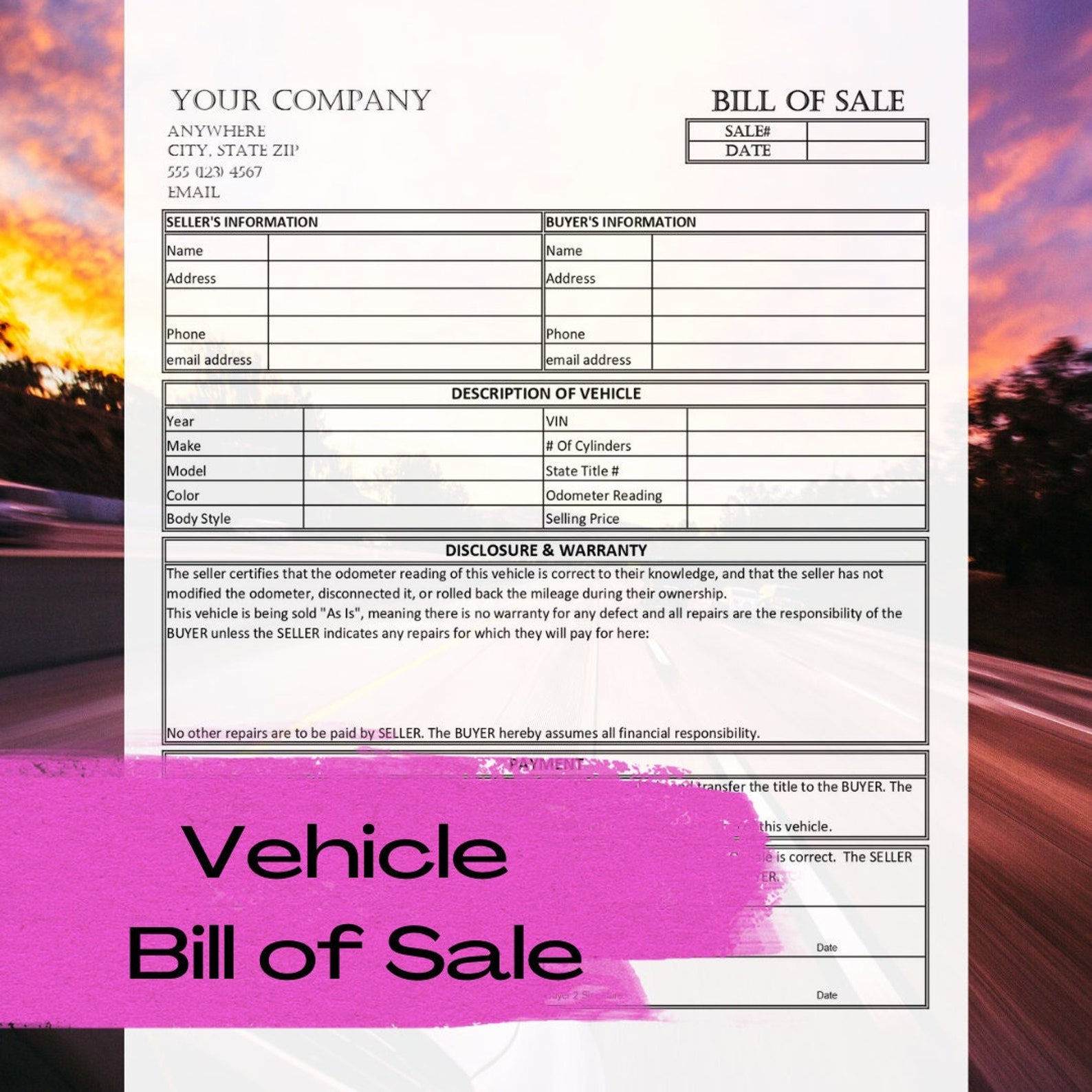 Vehicle Bill of Sale Template / Printable / Business Form Template ...