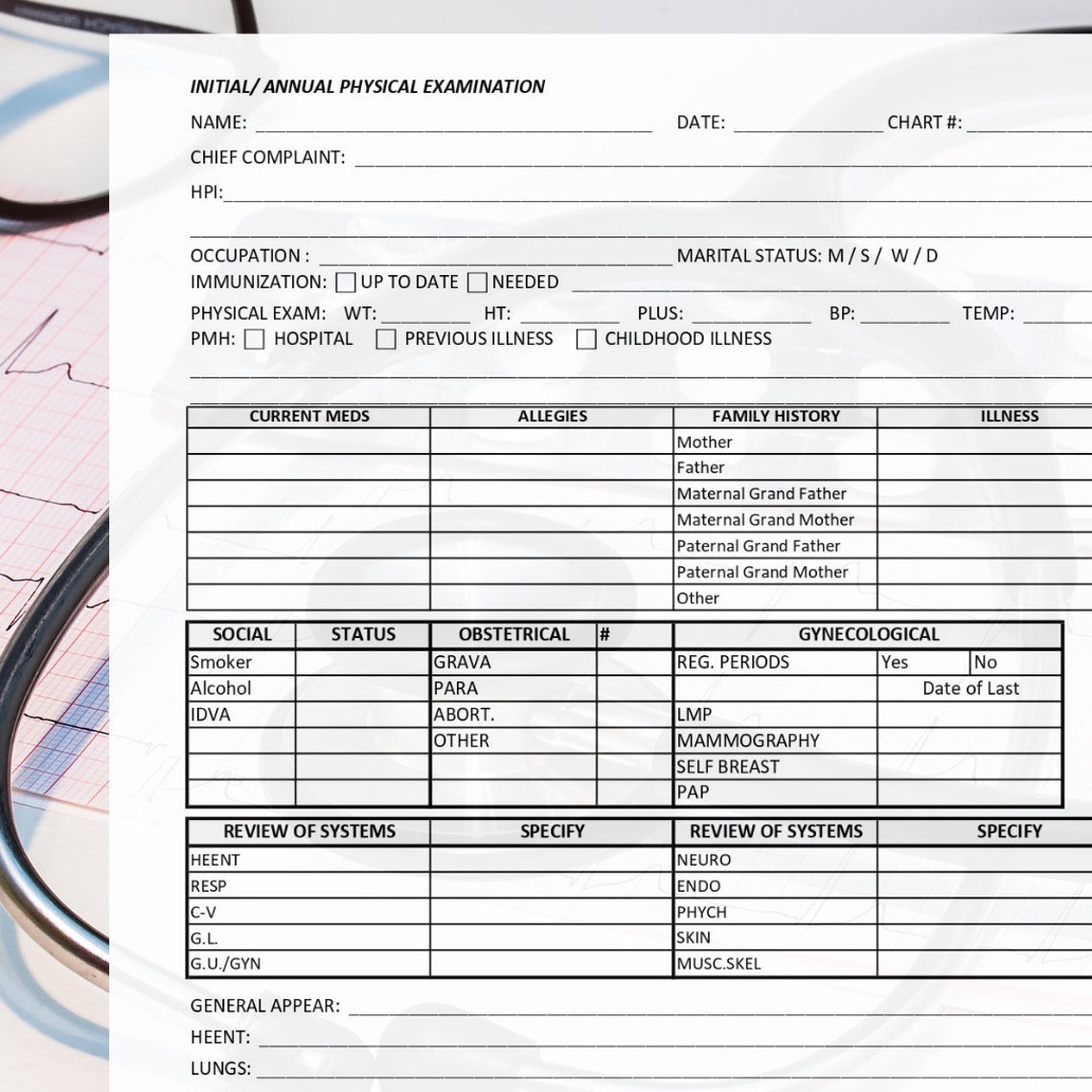 Physical Exam Form Template Initial Annual Physical Examination
