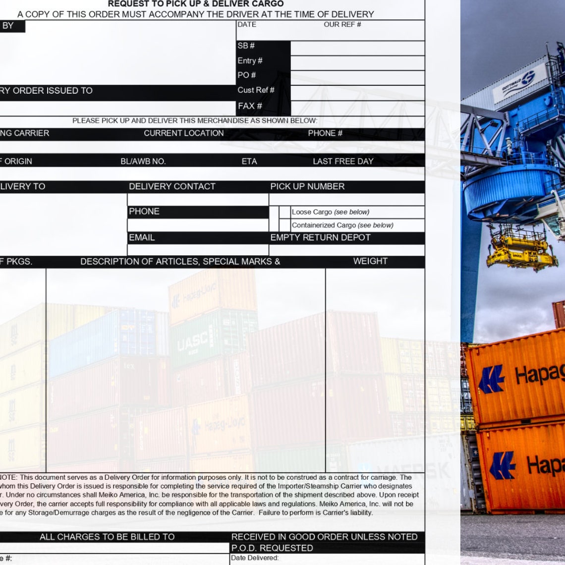 Delivery Order Template / Port Pick-up Order Printable / Dispatch Form ...