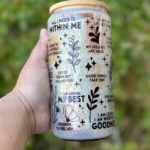 Daily Reminders Snowglobe Glass Can, Motivational Glass Can Cup, Boho ...