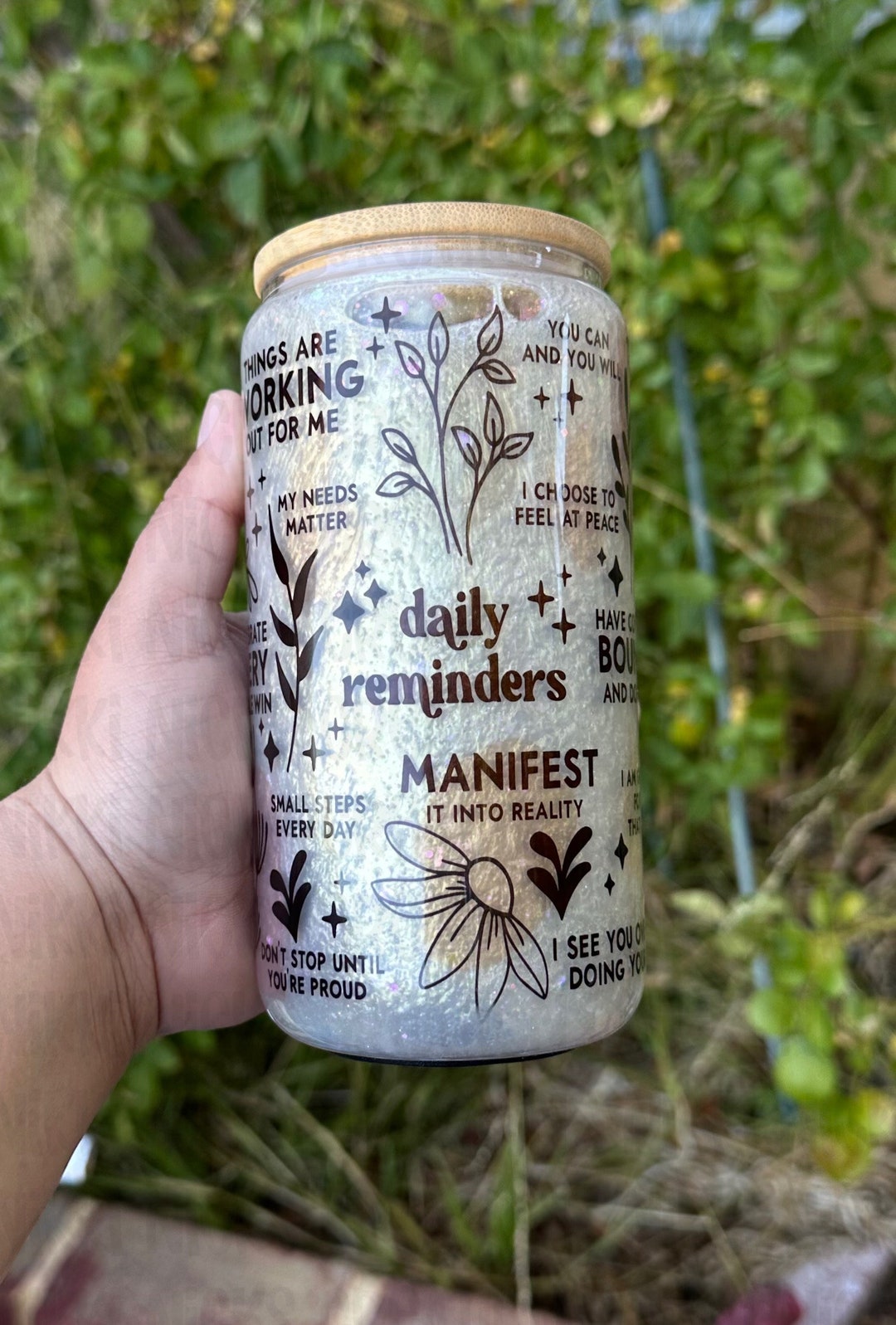 Daily Reminders Snowglobe Glass Can, Motivational Glass Can Cup, Boho ...