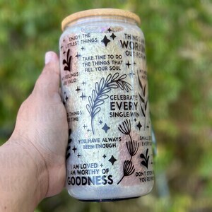 Daily Reminders Snowglobe Glass Can, Motivational Glass Can Cup, Boho ...