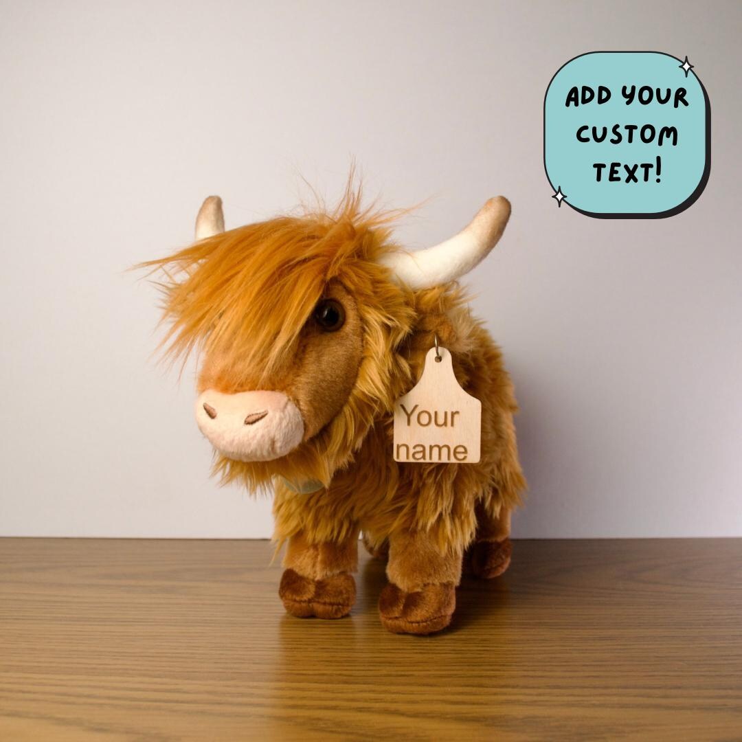 Personalized Highland Cow Plush, Laser Engraved Wooden Tag, Western ...