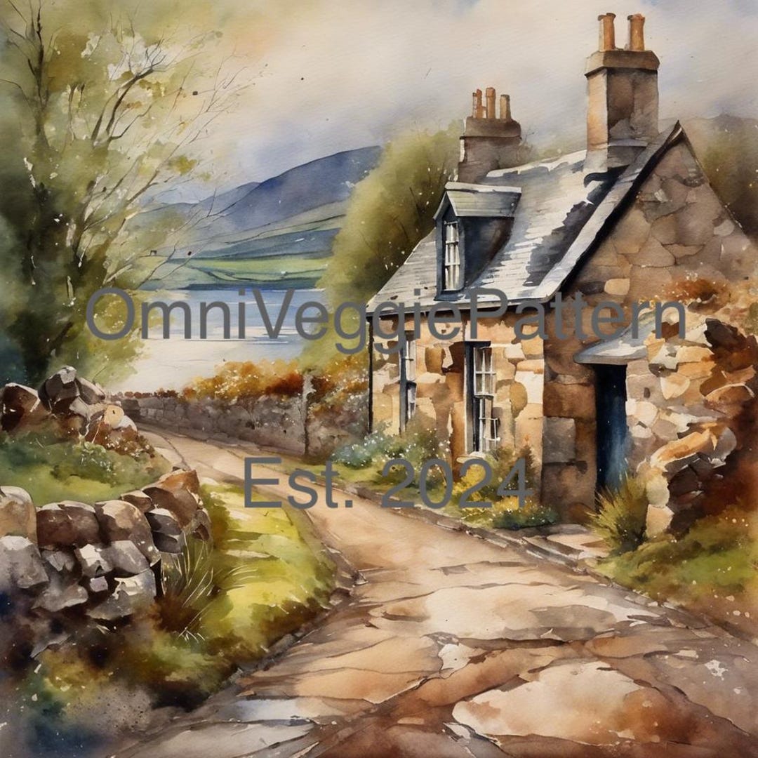 Scottish Highland Cottage Watercolor Print, Ephemera Collage (digital ...