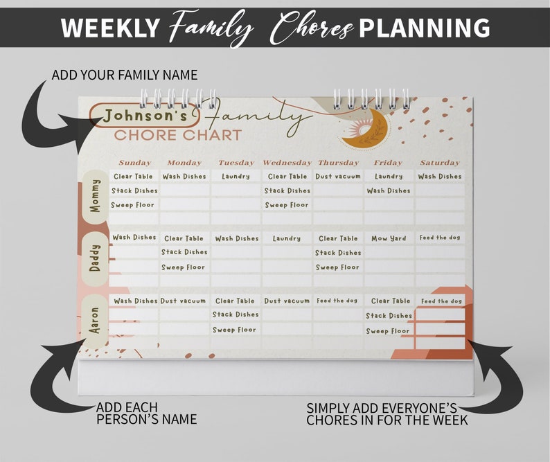 Boho Family Chore Chart, Printable Household Planner Landscape Weekly ...