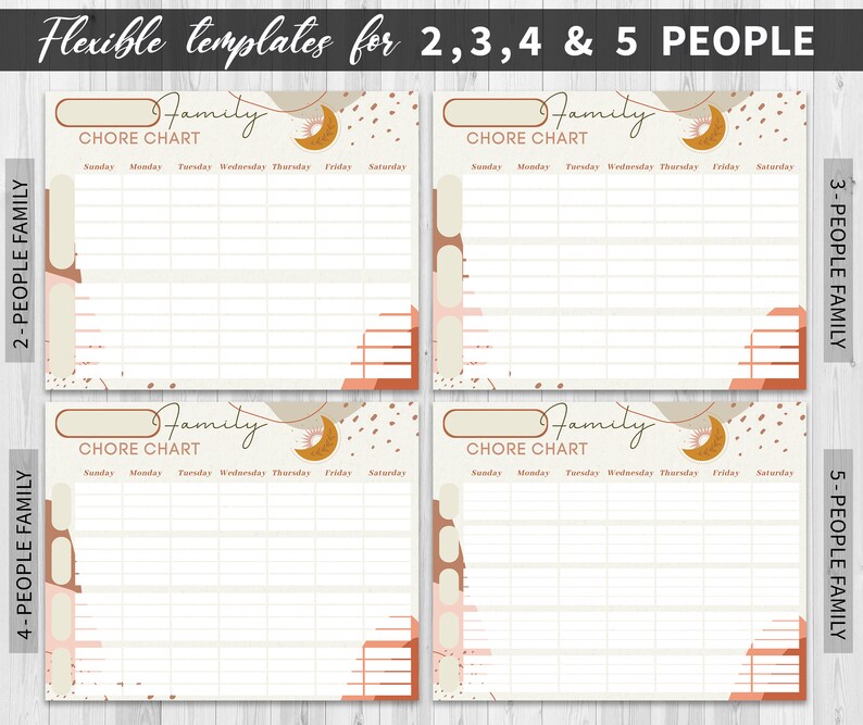 Boho Family Chore Chart, Printable Household Planner Landscape Weekly ...