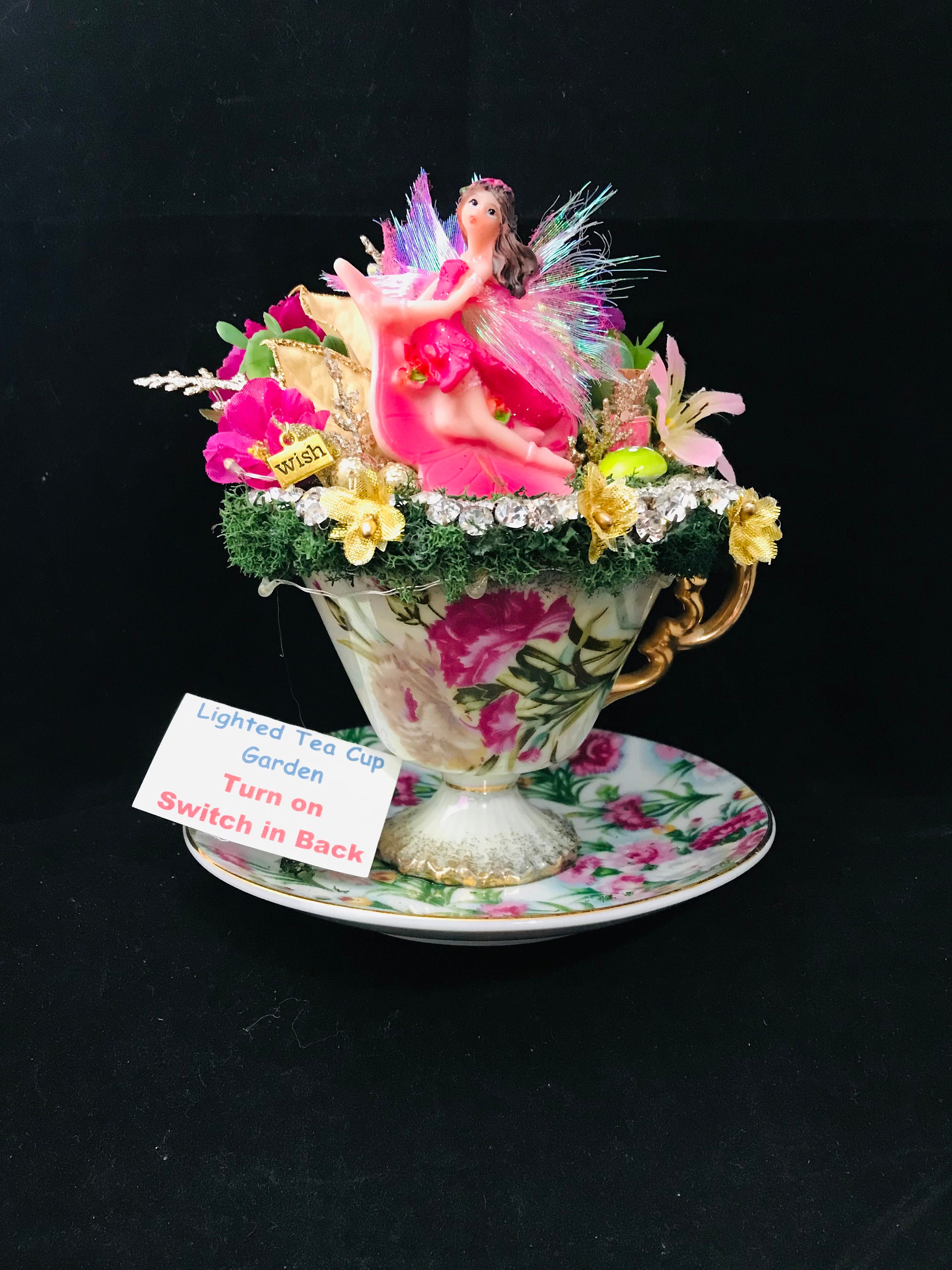 Lighted Teacup Fairy Garden, Over 100 Rhinestones, Colors of Pink, Gold ...